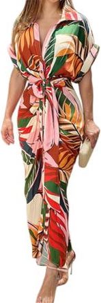 Generic Robe longue d&eacute;t&eacute; boh&egrave;me &agrave; motif floral pour femme, boutonn&eacute;e, manches chauve-souris, ceinture fronc&eacute;e, robe de plage et de vacances, rose, 3XL