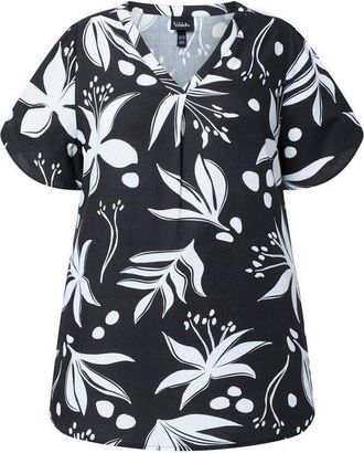 Ulla Popken Longbluse Bluse Bl&uuml;ten V-Ausschnitt Zierfalte Halbarm
