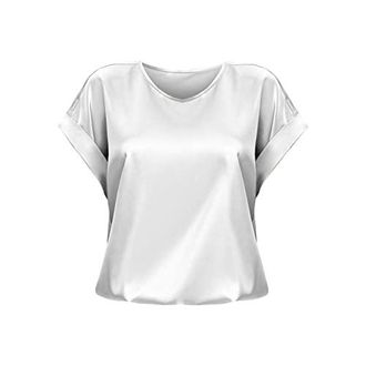 Generic Sweat-shirt &agrave; col rond pour femme - Haut d&eacute;t&eacute; &agrave; manches courtes - Chemisier en satin - Pull d&eacute;contract&eacute; habill&eacute; - Tunique douce pour le printemps - Co