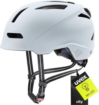 Uvex urban planet LED - robuster Fahrradhelm für Damen und Herren - aus Recyclingmaterial - optimierte Belüftung - cloud matt - 54-58 cm