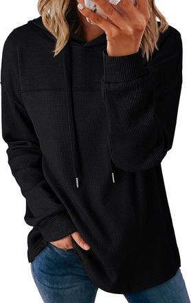 Dokotoo Kapuzenpullover Damen Hoodie Langarm Waffel Pullover mit Taschen Kordelzug Sweatshirt Strukturierter Stoff Oberteil Einfarbig Langarmshirt L&auml;ssig Ober