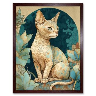 Artery8 Devon Rex Cat with Pattern Fur Art Nouveau Modern Illustration Artwork Framed Wall Art Print 9X7 Inch