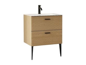 Vente-Unique Badezimmerm&ouml;bel geriffelt stehend mit Einbauwaschbecken und Armatur - 2 Schubladen - Natur hell - 60 cm - SARONE