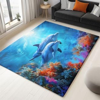 Generic Bleu Marine Tapis Salon 140 x 200 cm, Animaux Marins Dauphins Baleines Motif Tapis, Chambre Lavable Moderne avec Support Antid&eacute;rapant et Bordure Durab