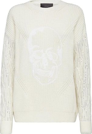 Philipp Plein Femme, Pulls, Beige, Taille: 44 FR Cashmere 5 Pullover Round Neck LS Crystal Skull