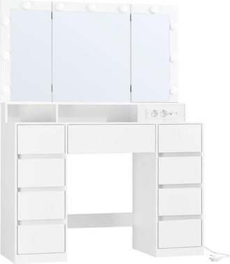 Vasagle Table de Maquillage avec 9 Tiroirs, Miroir Triple Pliable, &Eacute;clairage LED 3 Couleurs, Chambre, Multiprise Int&eacute;gr&eacute;e, Blanc