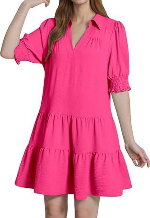 Generic Robe d&eacute;contract&eacute;e pour femme avec col &agrave; revers et manches mi-longues pliss&eacute;es et col en V pour femme, robe d&eacute;t&eacute; 2026, robe ample, robe ample pour femm