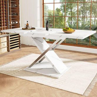 Urban Meuble Table de salle &agrave; manger extensible effet marbre et pieds crois&eacute;s 118-157x75x76.4cm