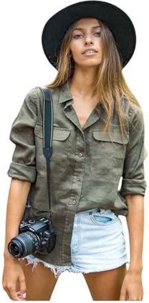 Generico Chemise d&eacute;t&eacute; l&eacute;g&egrave;re pour femme unie avec 2 poches, Vert militaire, L