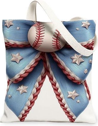 Generic Sacs fourre-tout en toile avec noeud de baseball, motif &eacute;toiles sportives, sacs d&eacute;picerie r&eacute;utilisables, r&eacute;tro, l&eacute;gers, lavables, bleu, 13x15 Inch