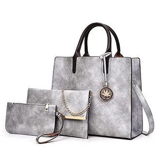 Generic Grand sac &agrave; main en cuir pour femme - Sac &agrave; bandouli&egrave;re - Poign&eacute;e sur le dessus - Avec pochette - Lot de 3, gris, Large