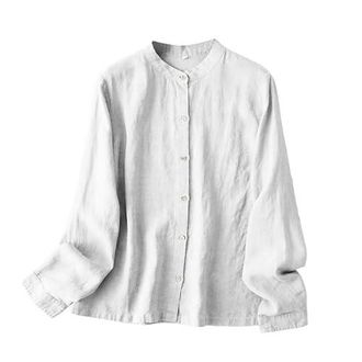 Generic Chemises en coton pour femmes, chemisiers &agrave; manches longues, coupe ample, t-shirts de vacances, col mandarin confortable, hauts, coupe ample, chemisie