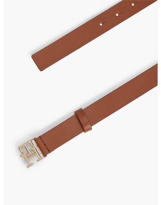 Tommy Hilfiger Leder-G&uuml;rtel in Khaki mit Schnalle und TH-Monogramm-Plakette-Braun