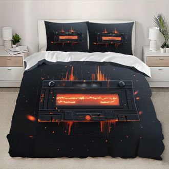 Generic Retro-TonbandgeräT-Muster Bettwäsche 240x220 cm 3D Bettbezug Sets Microfaser Weich Hypoallergen Atmungsaktiv Schwarz Bettwäsche-Sets 3teilig mit 2 Kis