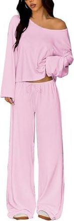 Generic Tenues 2 pi&egrave;ces pour femmes, surv&ecirc;tements &agrave; &eacute;paules d&eacute;nud&eacute;es, pantalon de surv&ecirc;tement &agrave; jambes larges, ensembles de d&eacute;tente d&eacute;contract&eacute;s &agrave; manches lon