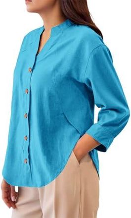 Generic Chemises en lin pour femme, chemisiers en coton et lin pour femmes, chemises d&eacute;t&eacute; en coton avec col en V, boutons, manches longues, chemisier respiran