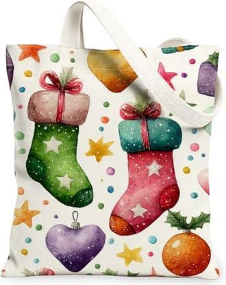 Generic Sacs fourre-tout en toile de vacances, motif chaussette de No&euml;l, sacs d&eacute;picerie r&eacute;utilisables, amusants l&eacute;gers et lavables pour f&ecirc;te de voyage, 33 x 3