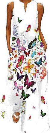 Ocean Plus Femmes Jupe Longue sans Manches Col V Robe Florale Imprimée Maxi Robe sans Manches avec Col en V (XXL, Bunte Schmetterlinge)