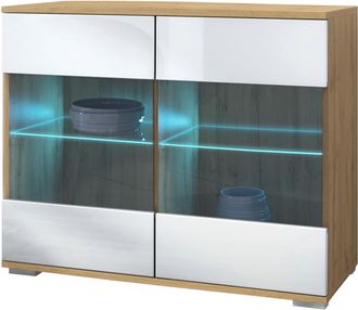 Vladon Kommode Bari V3, Moderner K&uuml;chenschrank mit 2 gro&szlig;en Glast&uuml;ren inkl. RGB Beleuchtung Eiche Evoke/Wei&szlig; Hochglanz (92,5 x 75.5 x 35)