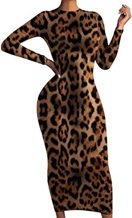 Generic Robes amincissantes pour femmes, robe d&eacute;contract&eacute;e, tendance, imprim&eacute; l&eacute;opard, manches longues, col rond, pull chaud, mince, doux, marron, L