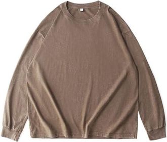 Generic T-shirt pour homme en pur coton couleur unie ample &agrave; manches longues col rond avec base, sweat &agrave; capuche fin, caf&eacute;, 3XL