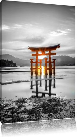 Pixxprint schönes Torii in Miyajima B&W, Größe: 100x70cm, Leinwandbild, fertig gespannt, Wandbild, Dekoration, Kunstdruck, kein Poster