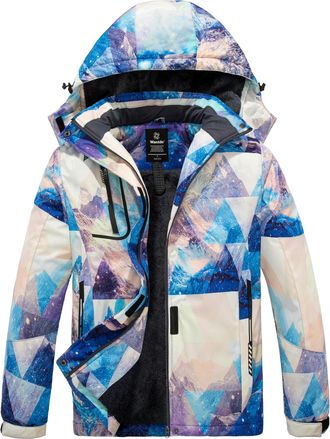 Wantdo Damen Berg Ski Jacke W&auml;rmer Winter Fleece M&auml;ntel Wasserdichter Atmungsaktive RegenM&auml;ntel Outdoor Kapuzen Windbreaker Jacken Bergflora M