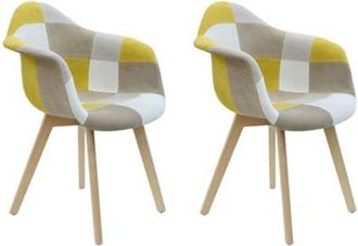 The Home Deco Factory Set mit 2 Sesseln Patchwork Scandivave, Buche/Polyester/Polypropylen, 59cm x 64.5cm x 85cm, Gelb/Grau/Mehrfarbig