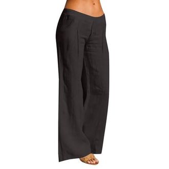 Generic Pantalon en lin pour femme - Pantalon long d&eacute;contract&eacute; - Jambe droite - Pantalon en lin - Pantalon Palazzo - Taille &eacute;lastique - D&eacute;contract&eacute; - Couleur 