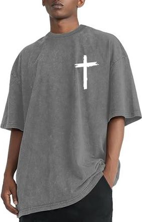 Generic T-shirts pour homme vintage décontracté col rond manches courtes ample rétro délavé croix chrétienne chemise sport entraînement gym t-shirts, gris, XX