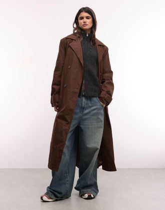 Monki Longline-Trenchcoat mit braunem Karomuster