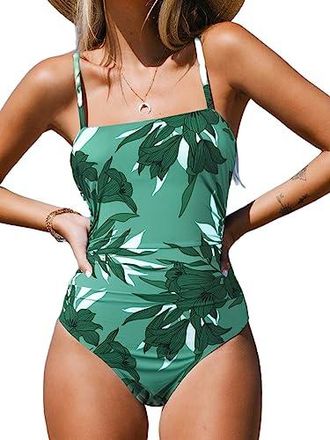 Cupshe Maillot de bain une pi&egrave;ce pour femme avec encolure carr&eacute;e et d&eacute;coupe dans le dos avec bretelles spaghetti r&eacute;glables, Vert (tweed), XS