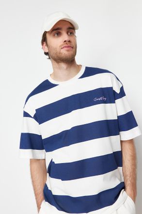 Trendyol MAN Jungen Dunkelblau Gestreift Kurz Oversize T-Shirts