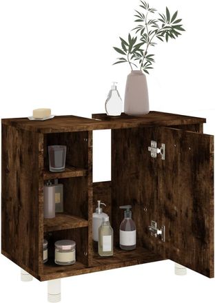 tidyard Badezimmerschrank Unterschrank mit 7 F&auml;cher Badschrank Waschbeckenunterschrank Waschtischunterschrank Badm&ouml;bel R&auml;uchereiche 60x32x53,5 cm Holzwerkstof