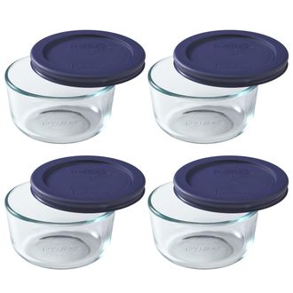 Pyrex 4 7202 Glasschalen und 4 Pyrex 7202-PC dunkelblaue Deckel