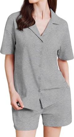 Ekouaer Pyjama Femme Coton Vêtements de Nuit Été Court Ensemble de Pyjama Boutons, Gris XXL