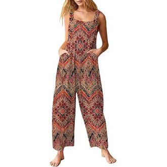 Generic Salopette pour femme - Sans manches - Jambe large - Style d&eacute;contract&eacute; - Style vintage boh&egrave;me - Imprim&eacute; floral et multicolore - Col carr&eacute; - Avec poches