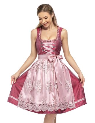 KOJOOIN Dirndl Damen 2tlg.Trachtenkleid Mid Dirndl Kurz mit Spitzensch&uuml;rze f&uuml;r Oktoberfest Rosa(High-End) 40