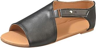 Generic Sandales en cuir pour femme - Sandales plates &agrave; bout rond - Couleur unie - Bout ouvert - Sandales minimalistes et d&eacute;contract&eacute;es - Confortables - Chaus