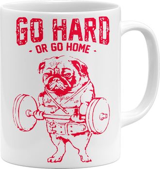 OM3 Lustige Gym Kaffee-Tasse mit Mops Motiv - Fitness Studio Hund Fitnessliebhaber & Pug Fans - Keramik Becher - 325ml - Beidseitig Bedruckt - Weiss