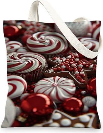 Generic Sac fourre-tout en toile motif bonbons, sac de courses réutilisable, sac de courses amusant, festif, léger, lavable, bandoulière C, Rouge, 13x15 Inch