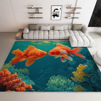 Generic Tapis pour Chambre denfant 120 x 170 cm, Tapis Hyperr&eacute;alisme Animaux Oc&eacute;an Poisson Rouge Doux &agrave; Poils Lavables Antid&eacute;rapant Cyan pour Salon Salle &agrave; Ma