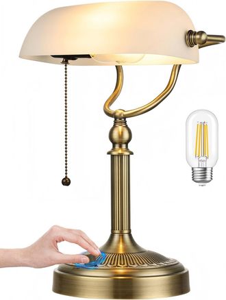 Newrays White Mattglas Banker Schreibtischlampe, stufenloser dimmbarer Tischlampenstopfen für Studien, Home Office, Bibliothek, LED -Glühbirne inklusive