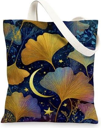 Generic Sacs fourre-tout en toile motif feuilles de ginkgo, sacs dépicerie réutilisables, sacs dépicerie bohèmes, vintage, légers et lavables pour G, bleu, 13