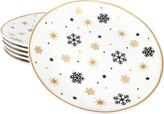 MamboCat 6er Set Stars schwarz & Gold Kuchenteller I Steingut-Frühstücksteller für 6 Personen Sternen & Schneeflocken für Weihnachten, Advent & Nikolaus
