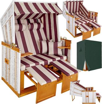 TecTake Strandkorb, Strandkorb Ostsee 2-Sitzer, verstellbare Rückenlehne, Volllieger mit Fußbänkchen und Seitentische, inkl. Schutzhülle & Kissen, Ideal für B