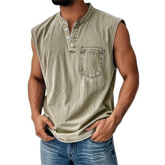 Generic T-shirt Henley vintage respirant sans manches pour homme, coupe d&eacute;contract&eacute;e, uni, boutonn&eacute;, col en V, surdimensionn&eacute;, kaki, XXL