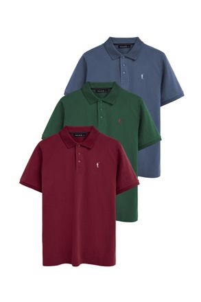 Polo Club Dreierpack Herren-Poloshirts denimblau, flaschengr&uuml;n und granatrot mit kurzen &Auml;rmeln und gesticktem Rigby Go Logo