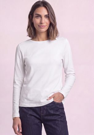 Street One Langarmshirt STREET ONE, Damen, Gr. 34, wei&szlig;, Web, 50% Baumwolle, 50% Modal, unifarben, comfort fit normal, U-Boot-Ausschnitt, abgesteppt, Shirts Lang