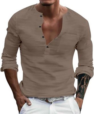 Generic T-shirt &agrave; manches longues pour homme - Style vintage - En coton - Grandes tailles - Col montant - Chemise de plage - Col rond - Chemise d&eacute;t&eacute; &eacute;l&eacute;gante 